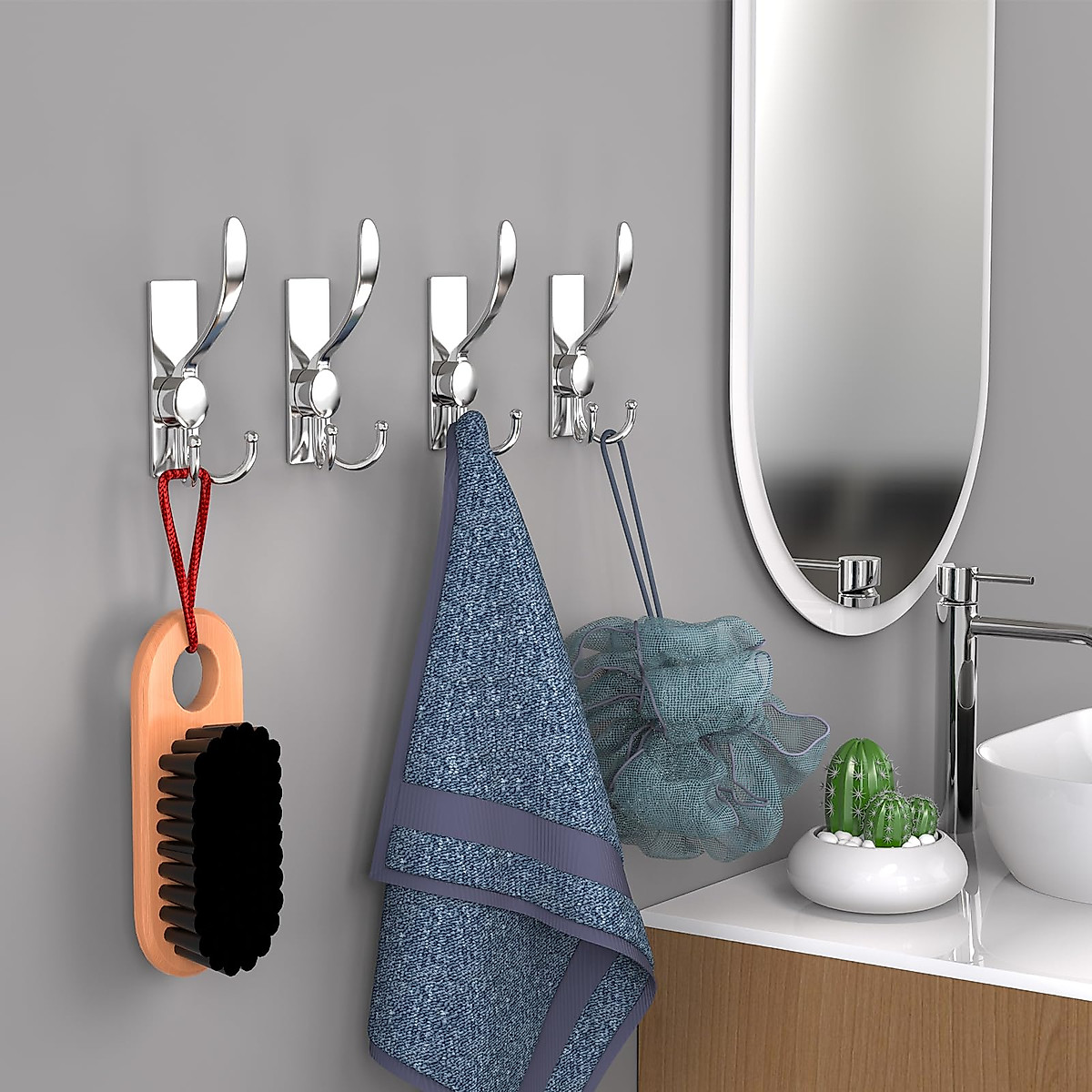 VINHOLD Metal Wall Mounted Towel Hooks, Self-Adhesive Coat Hooks with Tri Hooks for hanging towels, coats, hats, pans, Utility Hooks for bathrooms, bedrooms,kitchens(2 pack，glossy)