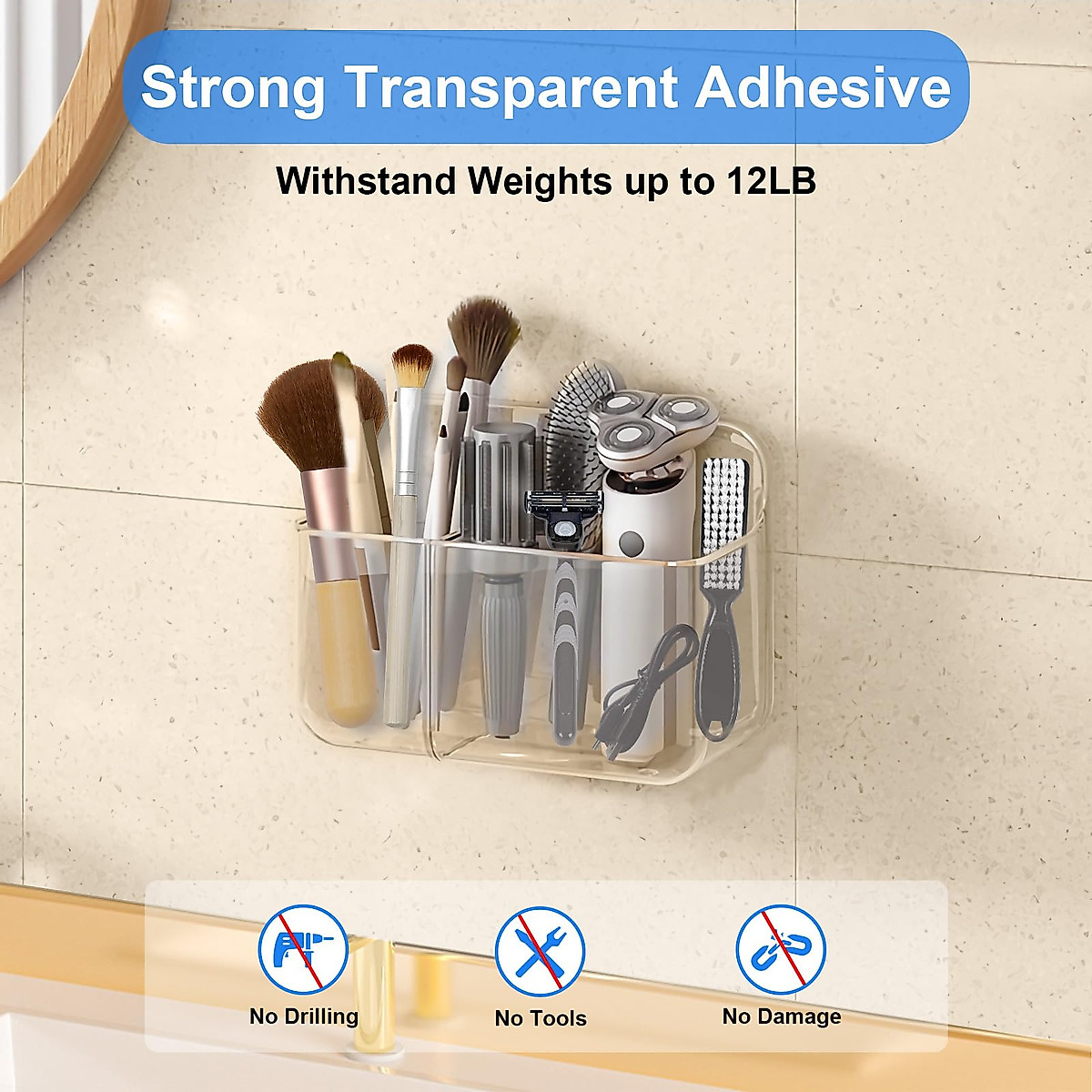 Diesisa 2pc Acrylic Wall Mount Organizer, Adhesive Clear Cabinet Door Organizer,Bathroom Shelves for Wall,No Drilling Hang Walls,with 2 Compartments, for Bathroom, Kitchen, Living Room