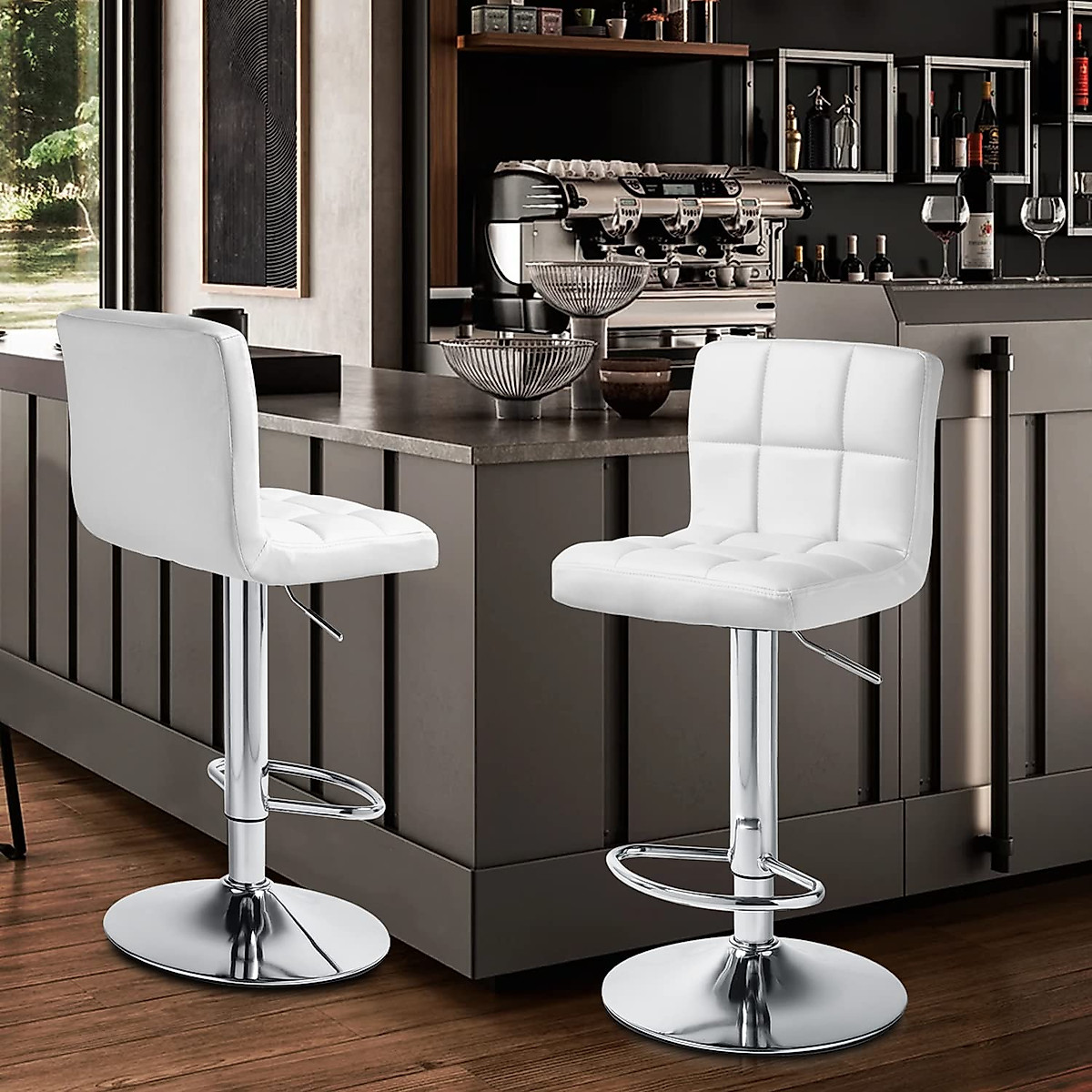MoNiBloom Barstools Set of 2, Square PU Leather Adjustable Bar Stools with Back, Counter Height Swivel Stool, Barstools for Kitchen Counter, White