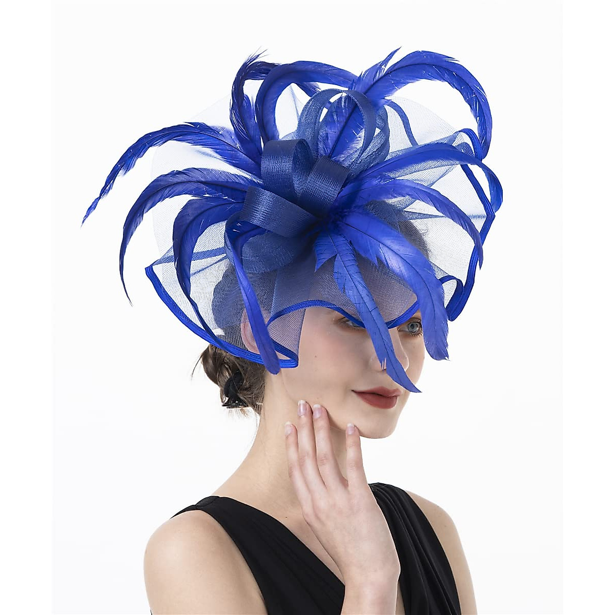 Lucky Leaf Girl Lady Hat Headwear Organza Church Feather Clip Fascinators Hat Wedding Party Kentucky Derby Cap for Women(F-5-Royalblue)