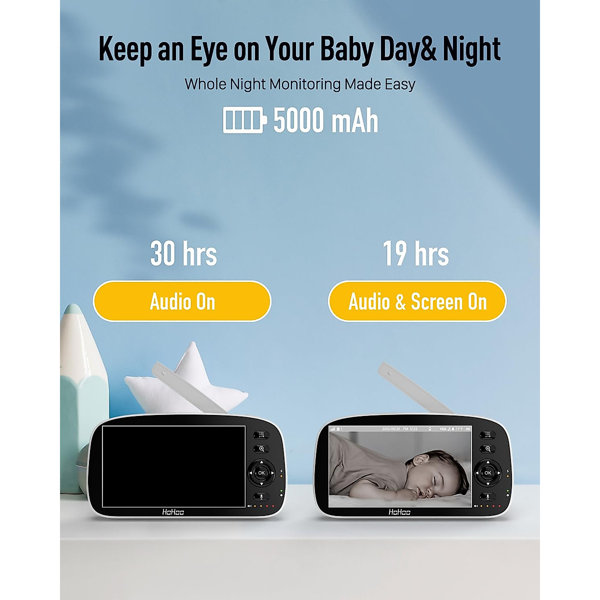 HOHOO Baby Monitor, 5" 720P HD Split Screen, 30 Hours Battery Life Baby Monitor with Camera and Audio|Remote PTZ, Two-Way Audio, Zoom, Night Vision, Lullabies, 960ft Long Range