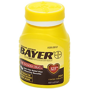 Genuine Bayer Aspirin 325mg Coated Tablets, Pain Reliever and Fever Reducer, 200 Count