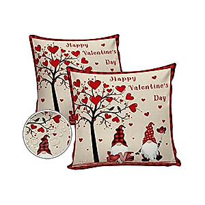 Vandarllin Outdoor Throw Pillows Covers 18X18 Set of 2 Waterproof Happy Valentine's Day Decorative Zippered Lumbar Cushion Covers for Patio Furniture, Gnomes Love Heart Tree
