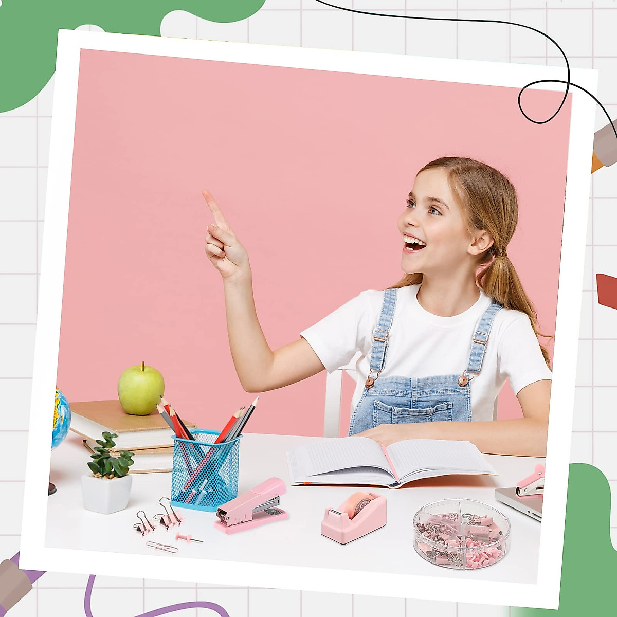 Office Supplies Set Desk Accessory Kit Include Stapler, Staples, Staple Remover, Tape Dispenser, 22 Binder Clips, 30 Paper Clips, 20 Push Pins, 2 Rolls Tape, for Women Christmas Gift (Pink)