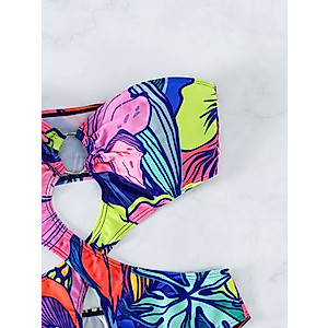 WDIRARA Women's Strapless Cut Out One Piece Swimsuit Tropical Print High Cut Swimsuit Multicolor M