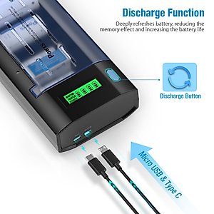 POWXS Smart AA AAA C D 9V Battery Charger, 1000mA Fast Charge, USB or Type-C Input, Independent Charge with Discharge Function(Includes a Free Charger Cable)