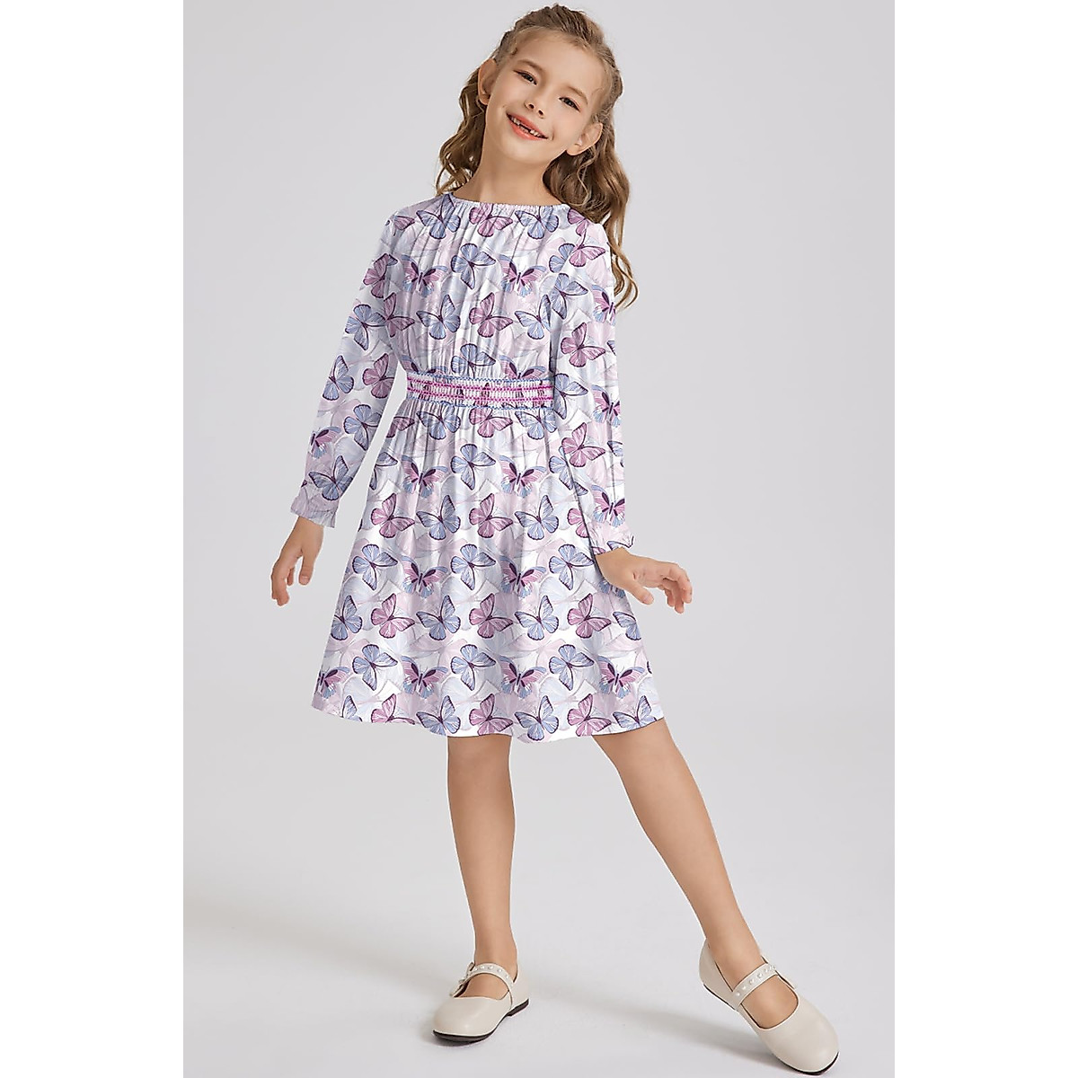 tiny sugar Girls Floral Smocked Waist Dress Church Holiday Playwear Soft Midi Dress with Pockets Butterfly-7y