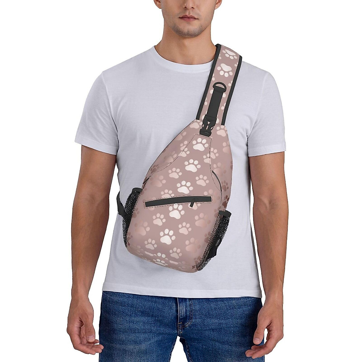 IRIHISKY Sling Bag for Men Women Rose Gold Dog Paw Animal Print Crossbody Backpack Casual Hiking Daypack for Travel Sport Running Chest Bag