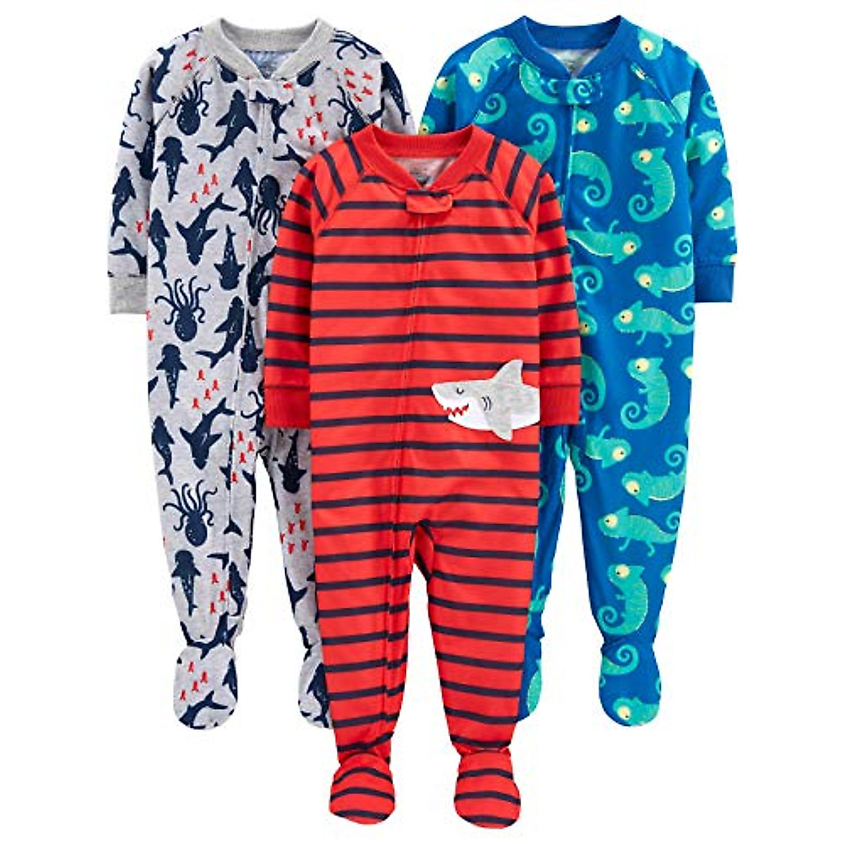 Simple Joys by Carter's Baby Boys' Loose-Fit Polyester Jersey Footed Pajamas, Pack of 3, Chameleon/Shark/Stripe, 18 Months