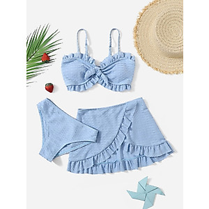 SHENHE Girl's 3 Piece Cute High Waisted Ruffle Trim Swimsuit Bikini Sets with Beach Skirt Light Blue 10Y
