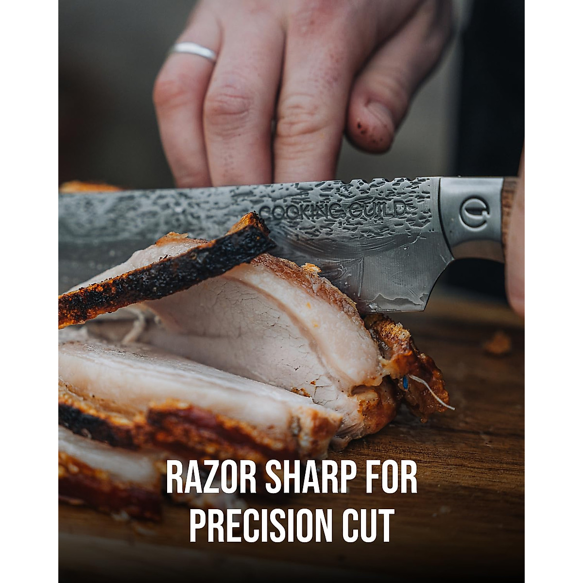 The Cooking Guild Slicer Knife - 12 Inches - Grizzly Series - San Mai Steel Japanese Slicing Knife with Hammered Finish - Rosewood Handle Meat Slicer - Rust-Resistant