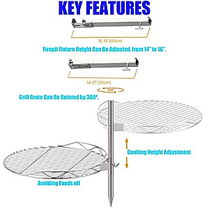 BBQSTAR Detachable Swivel Grill for 19.5" Wood Burning Firepit as Solo Stove Bonfire Hotshot Explorer; Outdoor Firepit Grill Accessory Kit W/Stainless Steel Cooking Grate, Fire Poker,Carry Bag