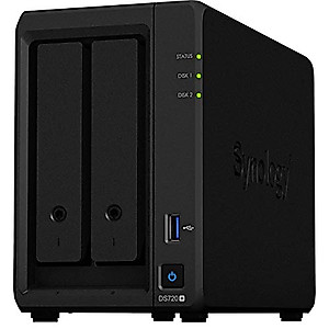 Synology DiskStation DS720+ NAS Server with Celeron 2.0GHz CPU, 6GB Memory, 32TB HDD Storage, 1TB M.2 NVMe SSD, 2 x 1GbE LAN Ports, DSM Operating System