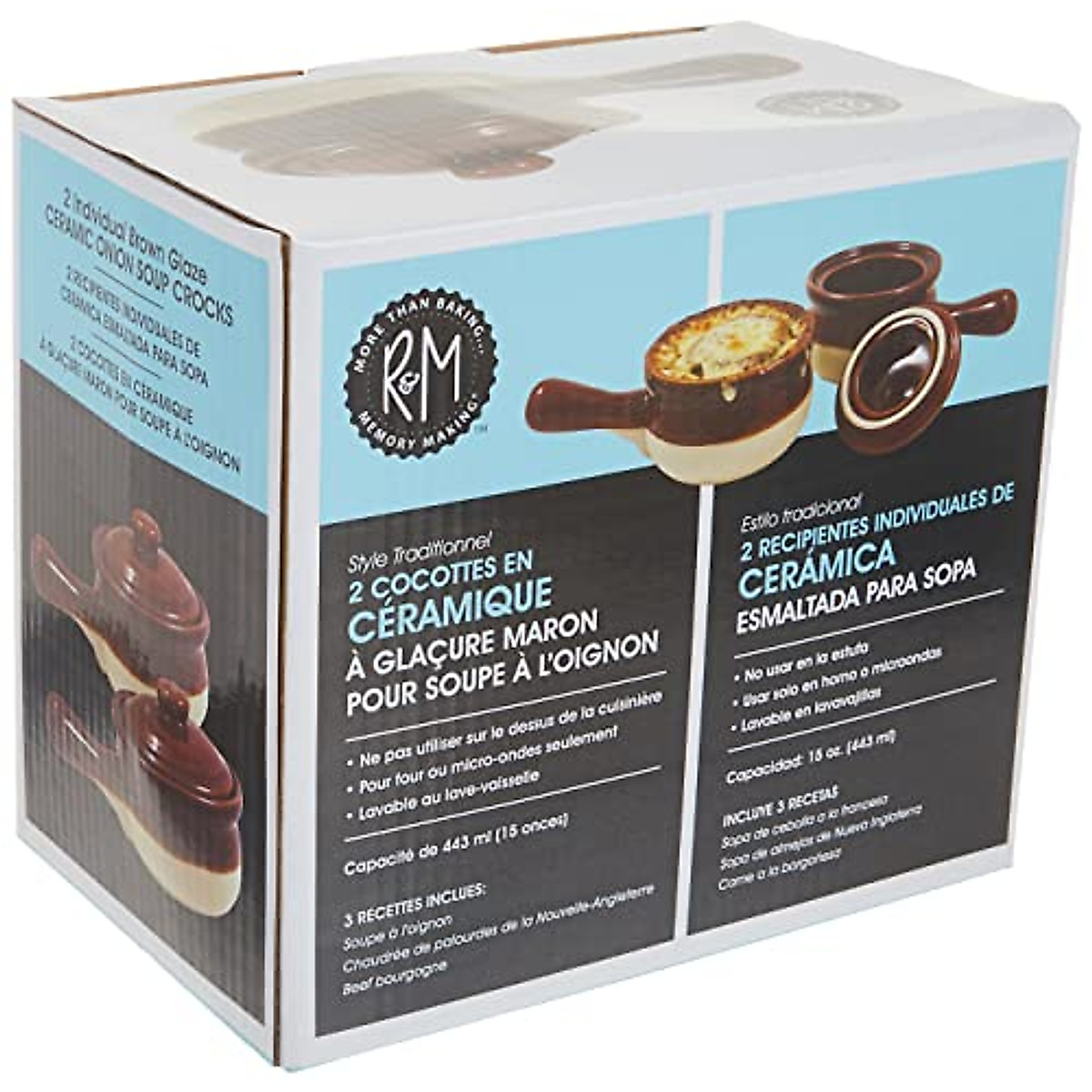 R&M International Traditional Style Ceramic 15-Ounce French Onion Soup Crocks, Polished, Set of 2