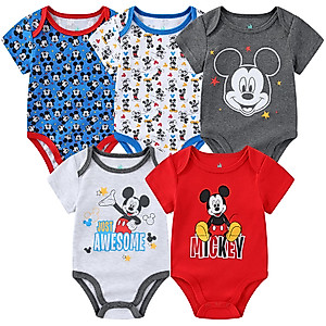 Disney Mickey Mouse, Lion King, and Winnie the Pooh Baby Boys 5 Pack Bodysuits for Newborn and Infants