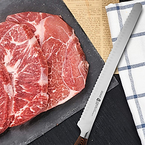TUO Serrated Slicing Knife 14 inch - Razor Sharp Carving Knives Professional Meat Carver Long Cake Slicer - Premium German HC Steel & Full Tang Pakkawood Handle - Gift Box Included - Fiery Series