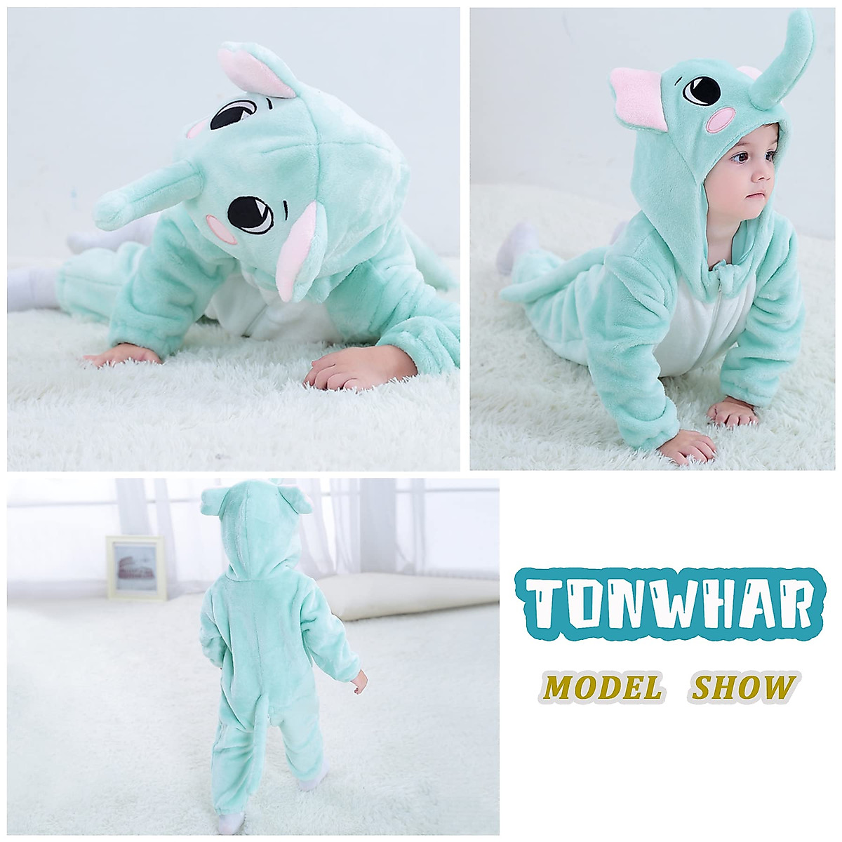 TONWHAR Kids' And Toddlers' Infant Tiger Dinosaur Animal Fancy Dress Costume Outfit Hooded Romper Jumpsuit (18-24 Months/Height:32"-35",Elephant)
