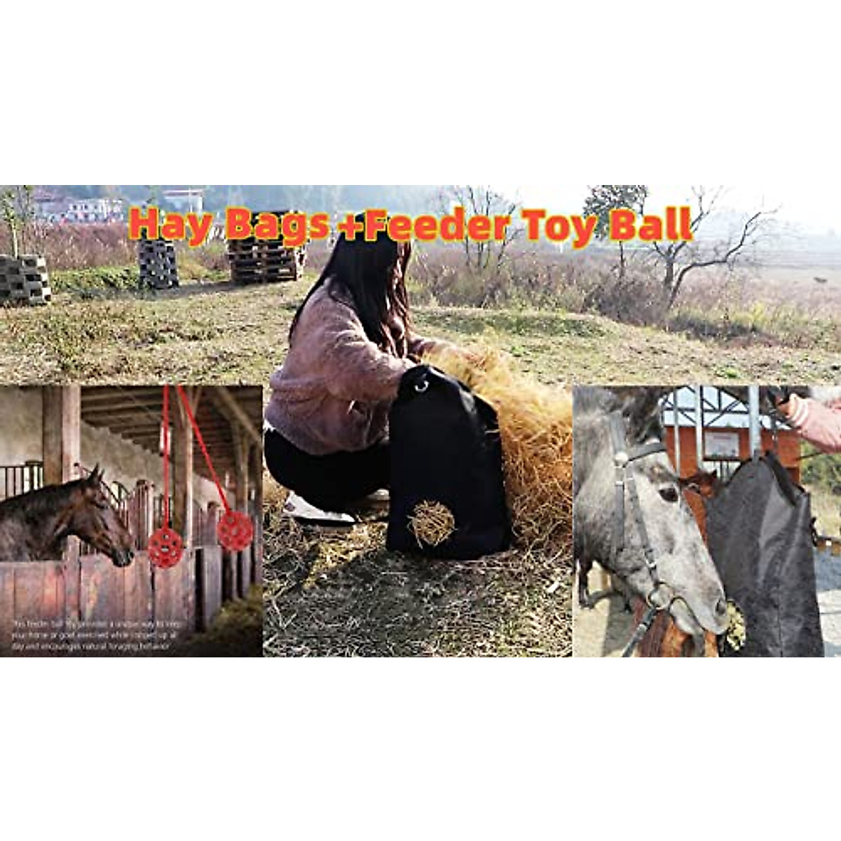 2 Packs Horse Treat Ball Hay Play Ball,1 Pack Hay Tote Bag ,Goat Toys Hay Ball Hanging Feeding Toy for Sheep Horse Goat Feeder and Relieve Stress
