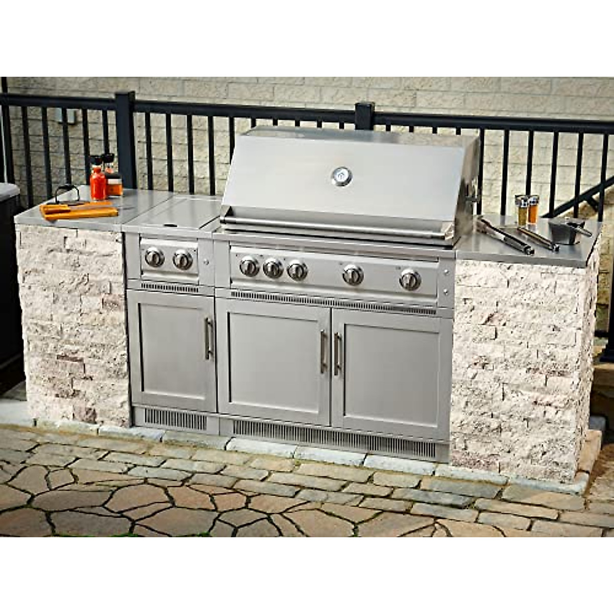NewAge Products Signature Series 6 Piece Outdoor Kitchen Cabinet Set, Stainless Steel 4-Burner BBQ Liquid Propane Gas Grill, Compact Family Patio Barbecue Grilling Set, Ivory Travertine, 68213