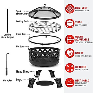 SINGLYFIRE 30 Inch Fire Pits for Outside with Grill Outdoor Wood Burning Firepit Large Steel Firepit Bowl for Patio Backyard Picnic Garden with Swivel BBQ Grill, Ash Plate,Spark Screen, Poker