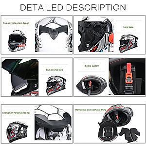 BDTOT Bluetooth Motorcycle Helmet, Full Face Flip Up, DOT Approved, Tail Wing Design, Noise Reduction, Anti-Fog Double Visor, Compatible with ATV, Color C