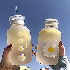 JZSMY 480ml Milk Juice Cute Water Bottle with Scale 2 Lids Little daisy Matte Portable Transparent Water Cup Glass Bottles Creative Handy Cup (Transparent 1 flower)