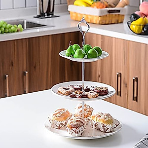 Tebery 2 Pack Ceramic Cake Stand Dessert Display Tower Stand - 6, 8, 10 Inches, 3-Tier Serving Tray Platter Party Food Server Display Holder with Silver Carry Holder