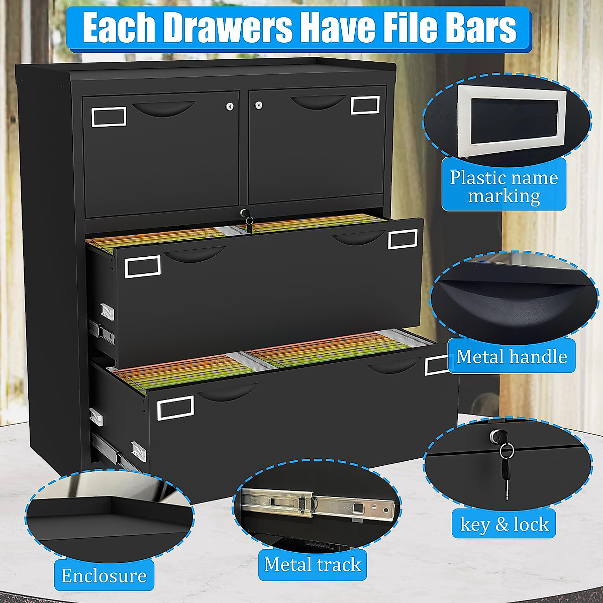 3 Drawer Lateral File Cabinet with Lock Metal Filing Storage Cabinet for A4 Legal/Letter Size File Cabinet Locked Steel Lateral File Drawers,Wide Filing Organization Storage Cabinets for Home Office