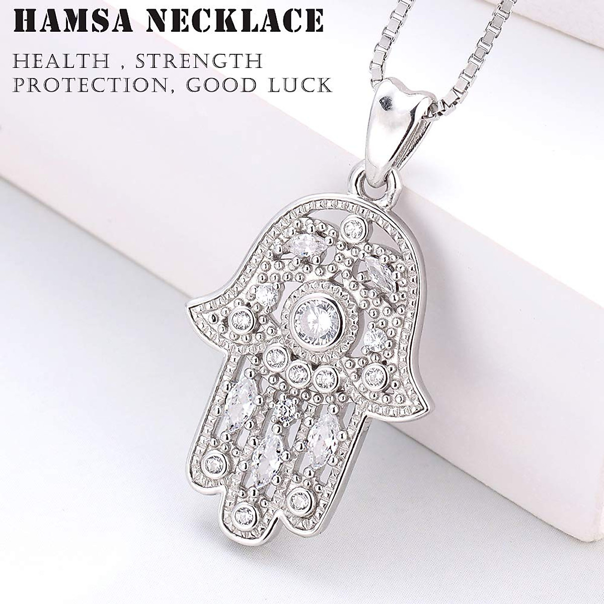 Aniu 925 Sterling Silver Jewelry for Women, Hamsa Hand of Fatima Evil Eye Jewelry with Cubic Zirconia, Comes with Black Jewelry Gift Box