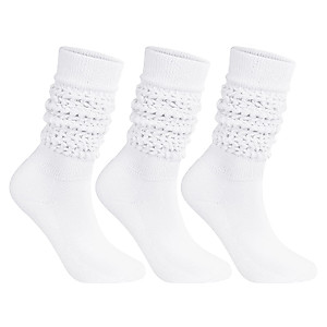 Century Star Womens Knit Knee High Socks 3 Pairs Womens Cotton Scrunch Socks Long Slouch Socks 80s Boot Socks Women 3 White One Size
