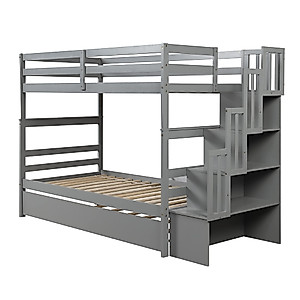 Harper & Bright Designs Stairway Bunk Bed Twin Over Twin with Trundle,Detachable Bunk Beds Twin Over Twin with Stairs,Wood Twin Bunk Beds with Storage Shelves for Kids Teens Girls Boys, Grey