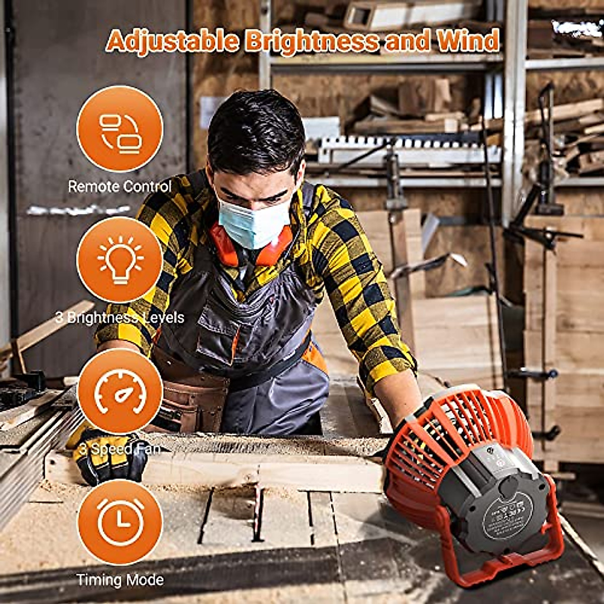 Portable Fan Camping Fan for Tents, 25 Hours Work-time Camping Lantern Ceiling Tent Fan Desk Fan with 7800mAh Power Bank, Clip and Remote, Usb Rechargeable Fan for Hiking, BBQ,Hunting, Hurricane (Black Orange)