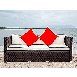 GAOPAN 3 Piece Outdoor Patio Conversation Sectional Couches Furniture Set, Rattan Wicker Garden Corner Sofas with Tempered Glass Top Coffee Table and Removable Soft Cushion, Beige+Brown