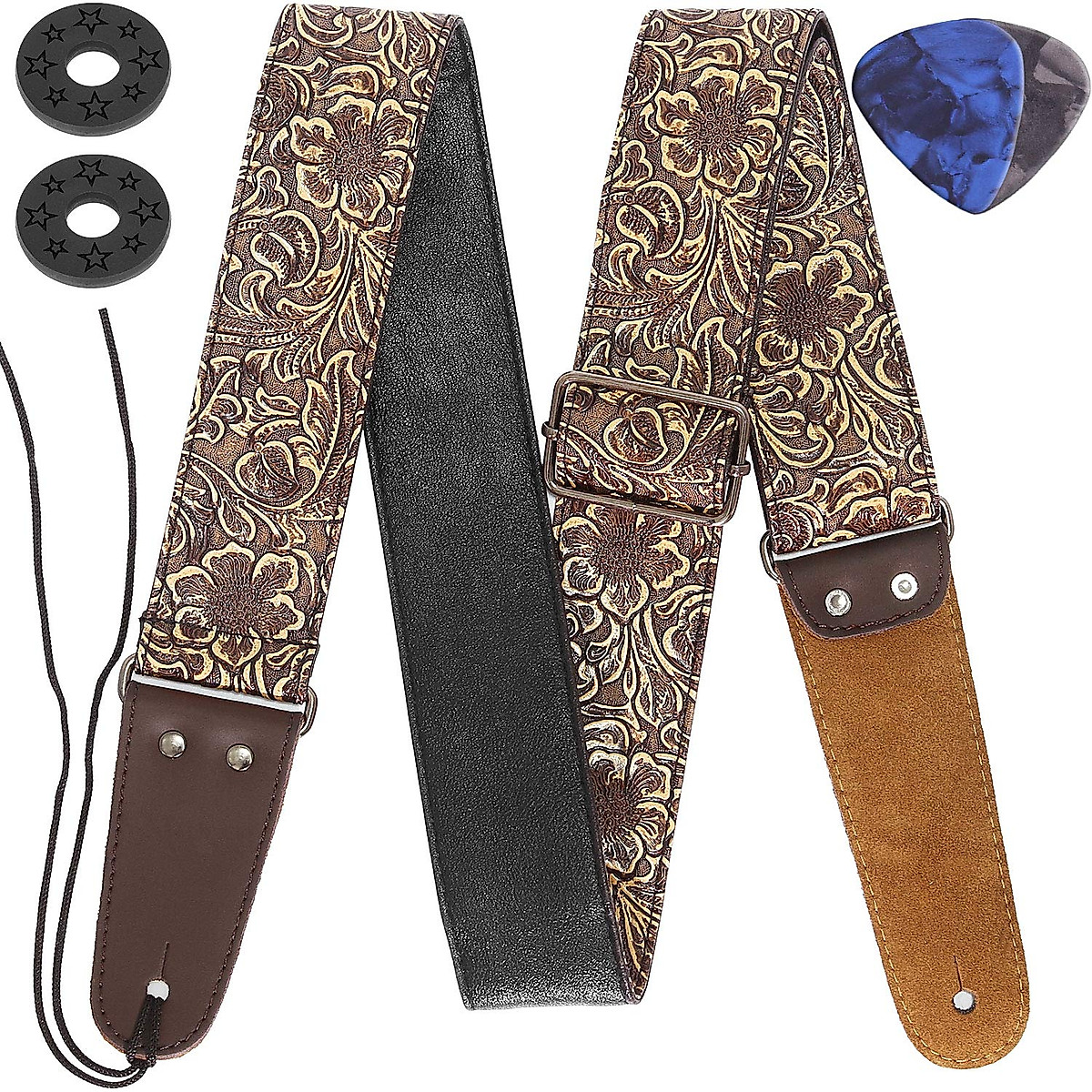Anwenk Guitar Strap, Stamped Leather Guitar Strap PU Leather Western Vintage 60's Retro Guitar Strap with Genuine Leather Ends for Electric Bass Guitar, with Tie,Include 2 Picks,Bronze