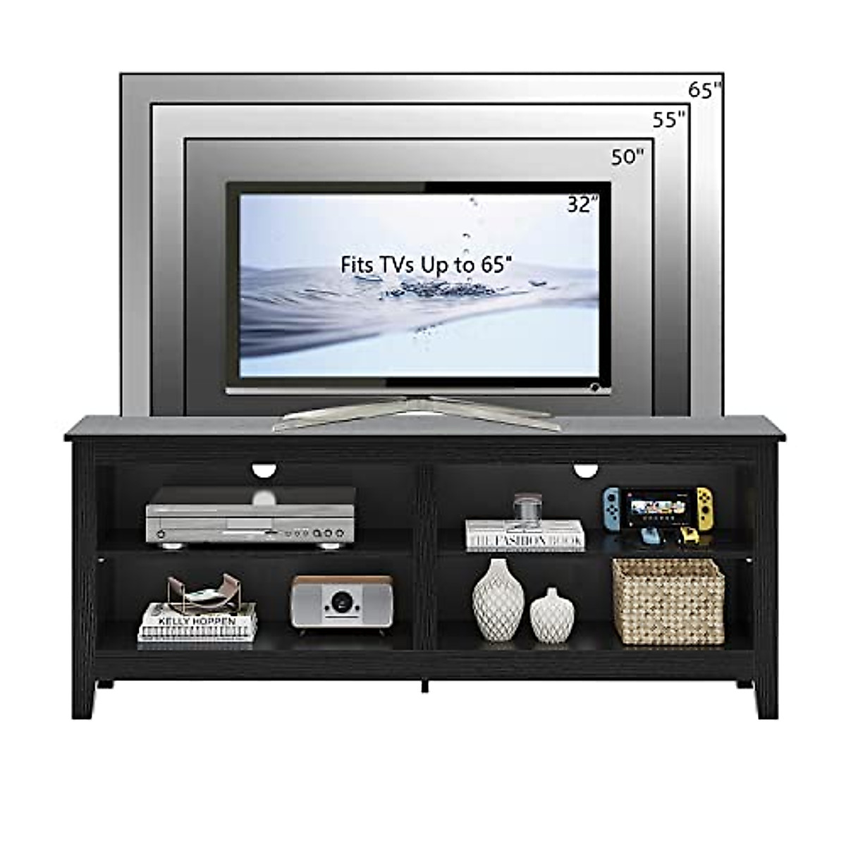 Panana TV Stand, 4 Cubby TV Stand for 65 inch TV, Farmhouse Television Stands Entertainment Center Media TV Table Stand for Living Room Bedroom (Black 59 inch)