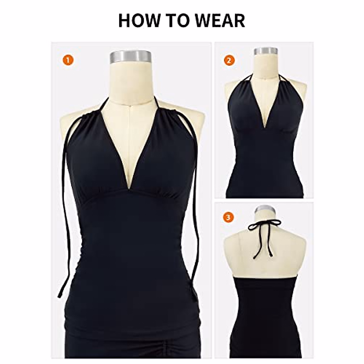 SuperPrity Tankini Bathing Suit for Women with Skirt Bottom Sexy V Neck Self Tie Backless Ruched Swimsuit Tummy Control Swim Tank Top with Shorts-XL,Black