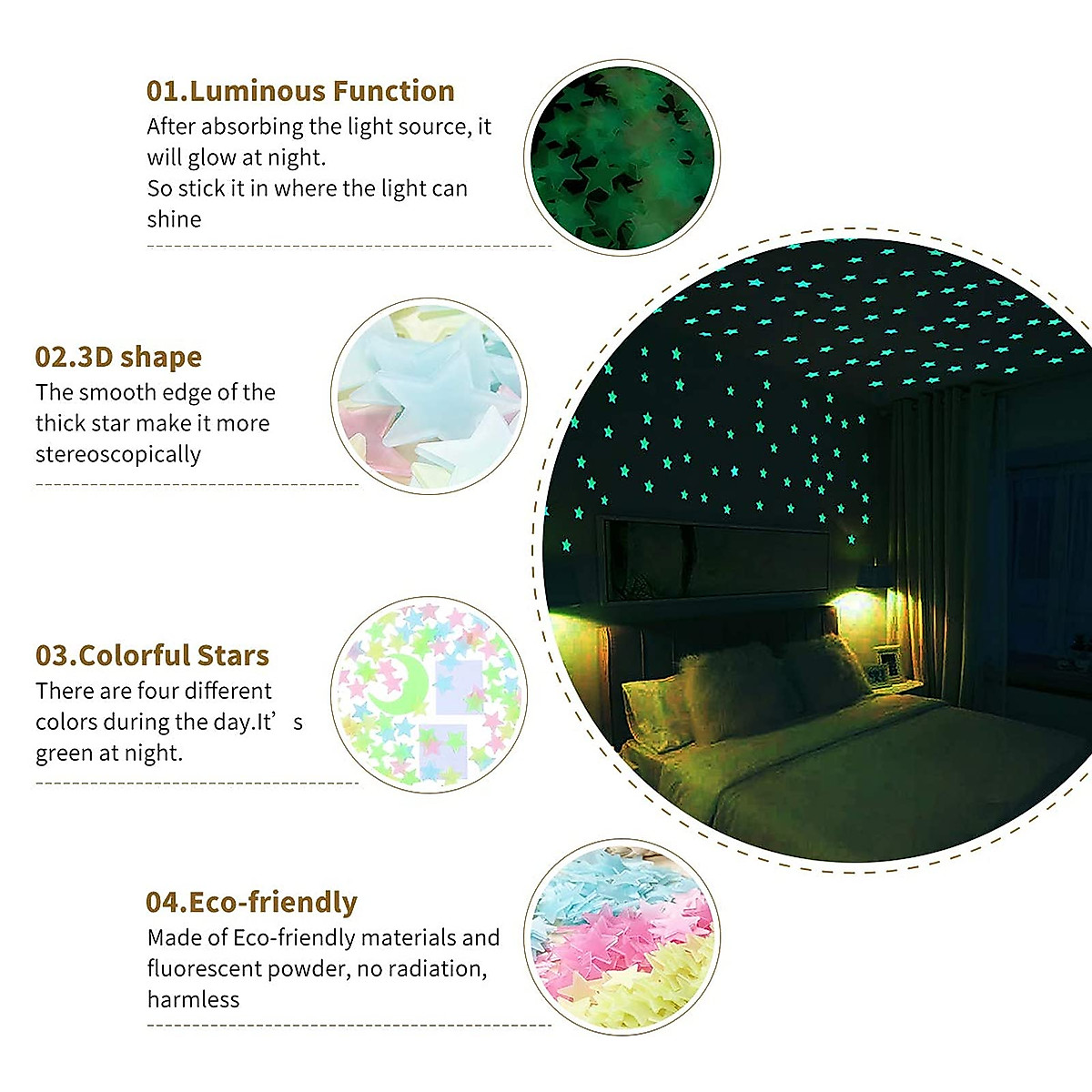 ORIJOYNA 201 Count Glow in The Dark Stars with Bonus Moon - Luminous Decor Ceiling Wall Stickers - for Kids and Toddler Room Decorations Wall Murals