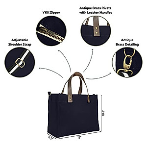 Tag&Crew Brooklyn Tote Canvas Bag with Leather Handles, Zippered Flap, 3 Pockets, Adjustable Shoulder Strap, Antique Brass Clips - Navy Blue