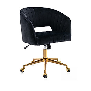 Velvet Office Desk Chair, Modern Adjustable Home Desk Chair with Wheels, Swivel Vanity Chair for Bedroom, Office, Vanity Study (Black)