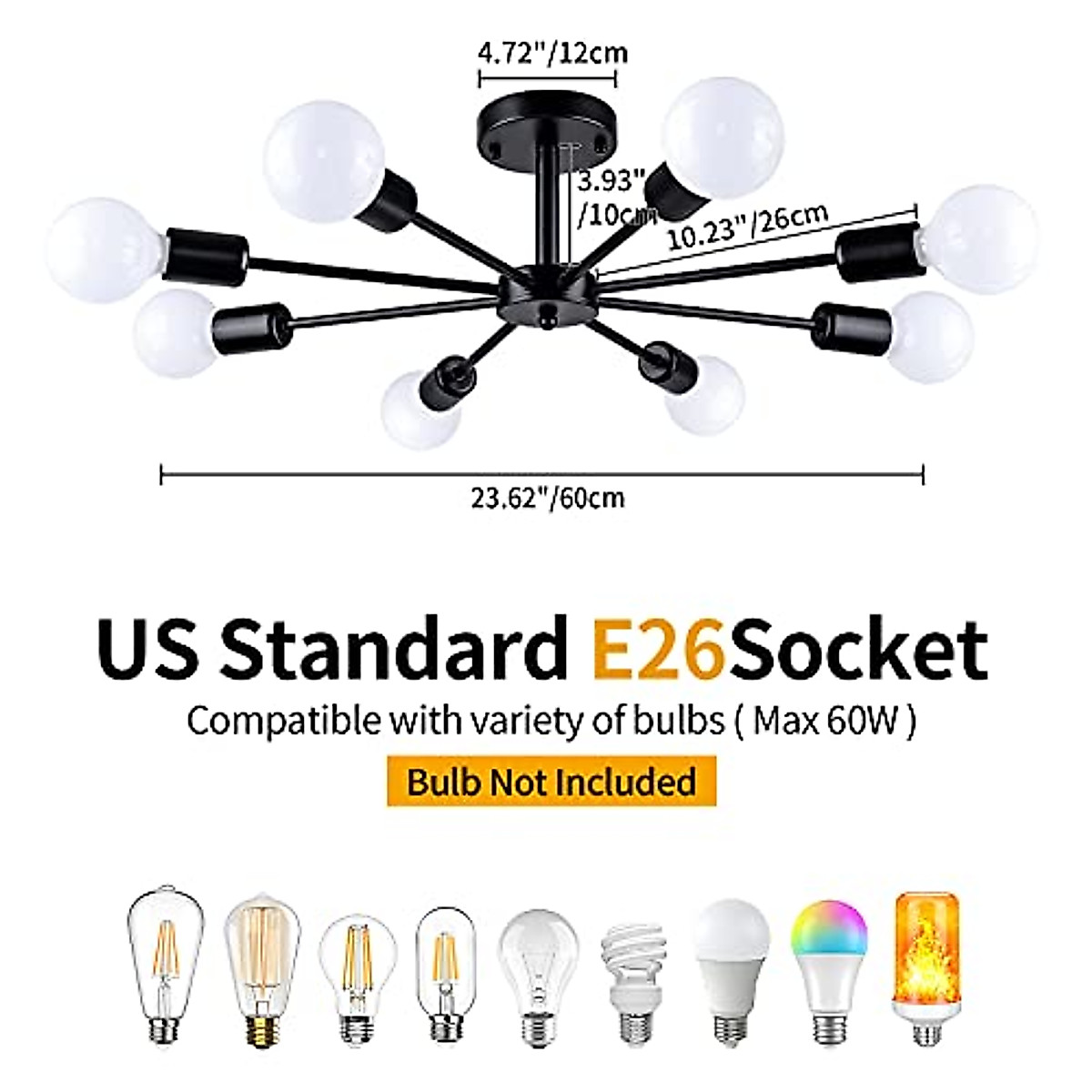 Black Modern Sputnik Chandelier Ceiling Light 8-Light Sputnik Light Fixture Black Mid Century Semi Flush Mount Celing Lights Fixture for Living Dining Room Bedroom Kitchen Foyer Office