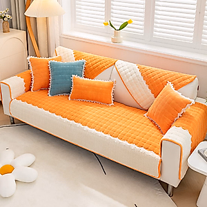 vctops Soft Corduroy Sofa Couch Cover, Plaid Sectional Couch Covers, Non-Slip Sofa Slipcover for Dogs Cats Kids(Orange,43"x43")