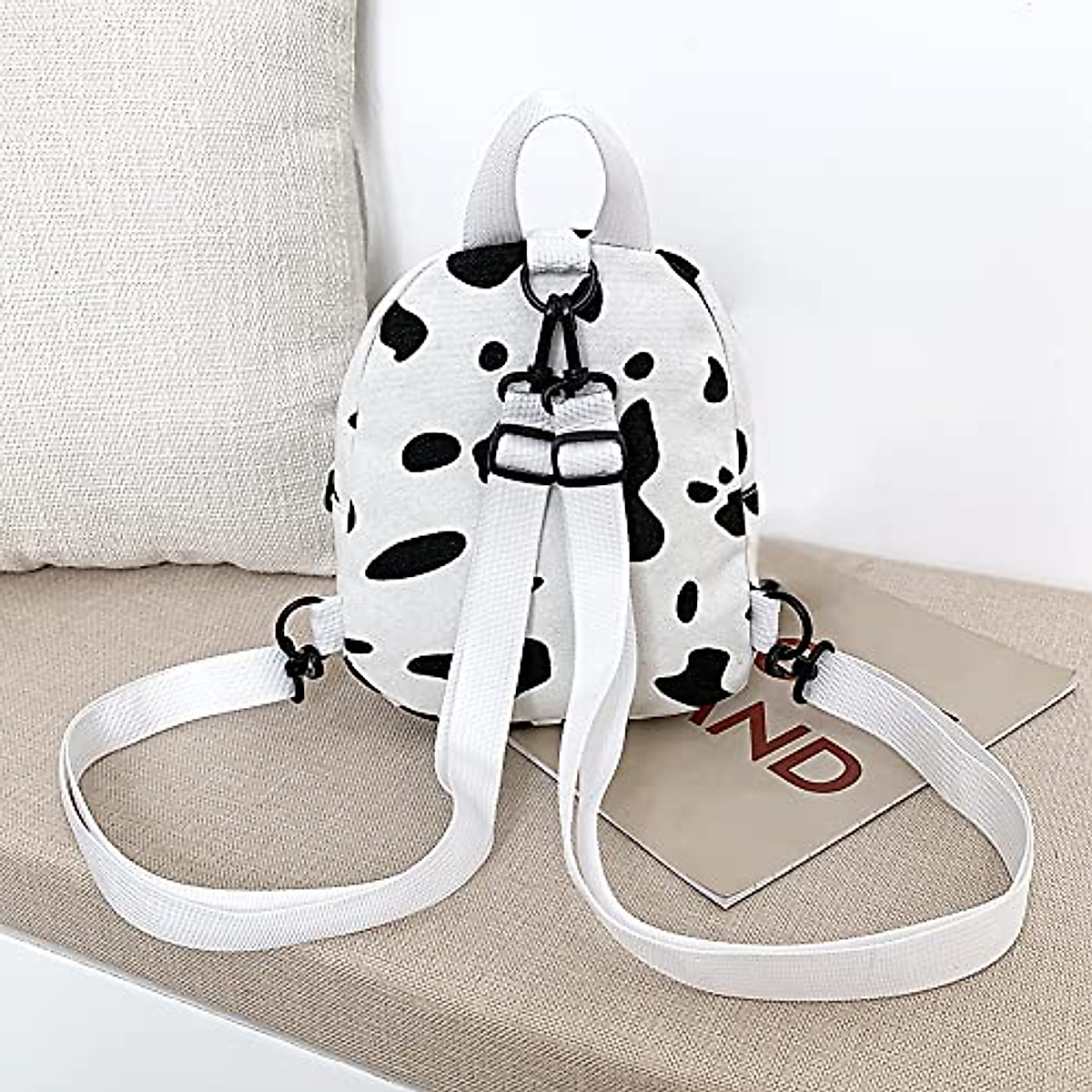 AIZHIYI Cow Print Backpack Women Canvas Schoolbag Teenage Girl Mini Bagpack (White)
