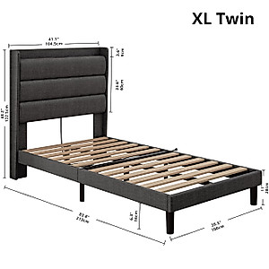 LIKIMIO Twin XL Bed Frames, Storage Headboard with Outlets, Sturdy and Stable, No Noise, No Box Springs Needed, Dark Gray