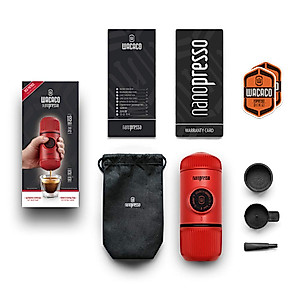 WACACO Nanopresso Portable Espresso Maker, Upgrade Version of Minipresso, 18 Bar Pressure, Mini Travel Coffee Machine, Manually Operated, Perfect for Camping and Hiking, Red