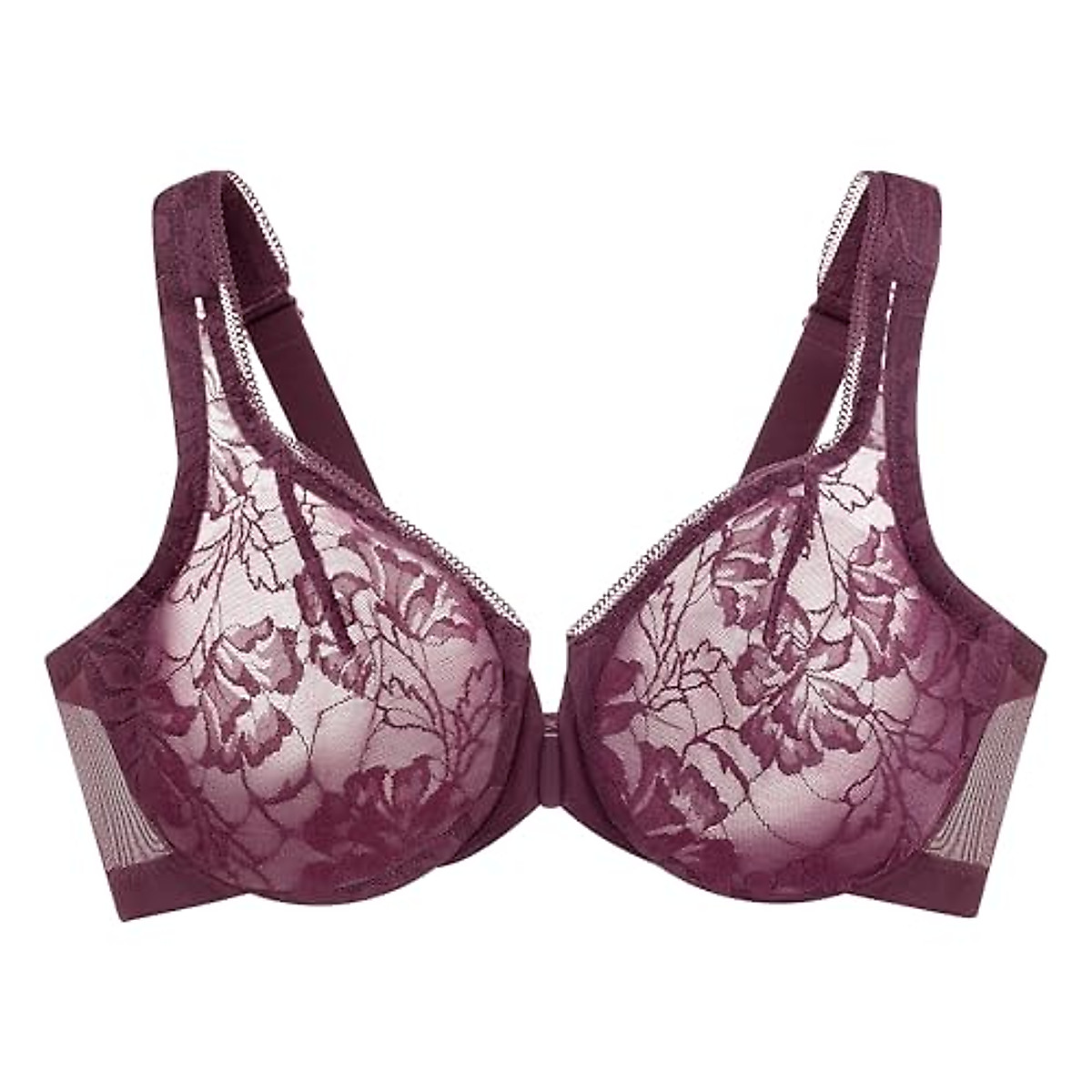 Glamorise Full Figure Plus Size Lacey T-Back Front-Closure Wonderwire Bra Underwire #9246 Black Plum
