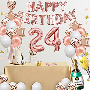 Fancypartyshop 24th Birthday Decorations - Rose Gold Happy Birthday Banner and Sash with Number 24 Balloons Latex Confetti Balloons Ideal for Girl and Women 24 Years Old Birthday Rose Gold