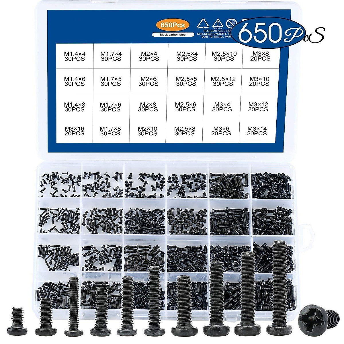 LUANAYUN-PHONE CASE Durable Flexible 650pcs Cross Recessed Round Pan Head Machine Screws Set M1.4 M1.7 M2 M2.5 M3 Mini Screw Laptop Computer Screw Cross Screw Kit