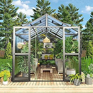 HOWE 8x16x7.5 FT Polycarbonate Greenhouse Double Swing Doors 4 Vents 5.2FT Added Wall Height, Walk-in Large Aluminum Greenhouse Sunroom Winter Greenhouse for Outdoors, Black