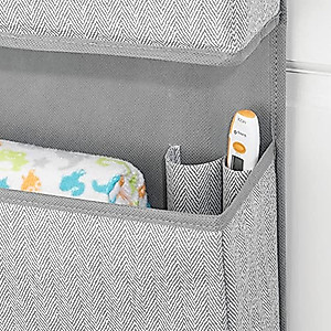 mDesign Fabric Baby Nursery Hanging Organizers for Over The Door Storage for Kids - 3 Pocket Organizer Caddy with Hooks for Clothing, School, Diaper, Toy, and Outfit Storage - Gray Herringbone