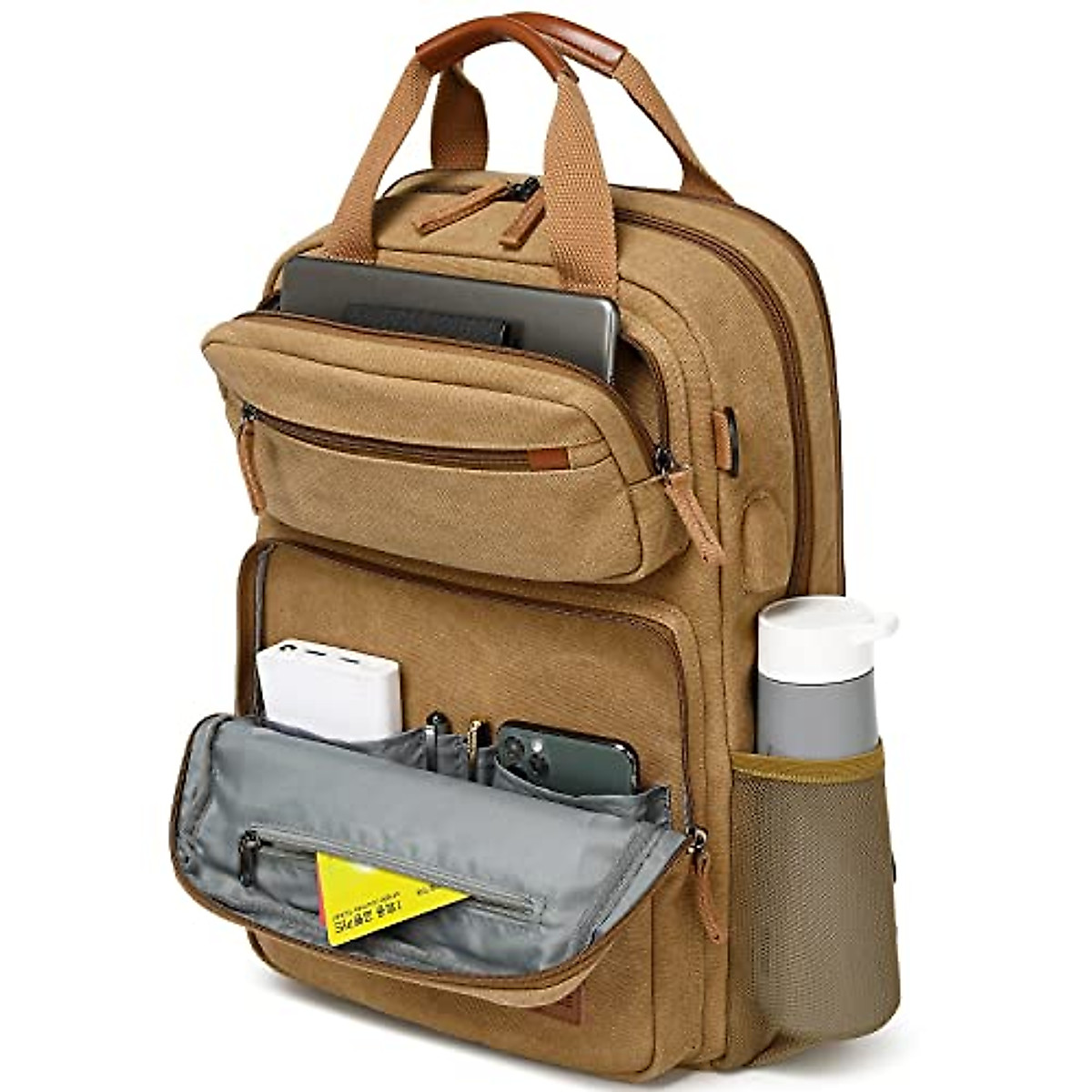 NOHCLIE Canvas Vintage Backpack Convertible Messenger Bag with USB Charging Port- for School Hiking Travel 15.6'' Laptop (Medium, Brown)